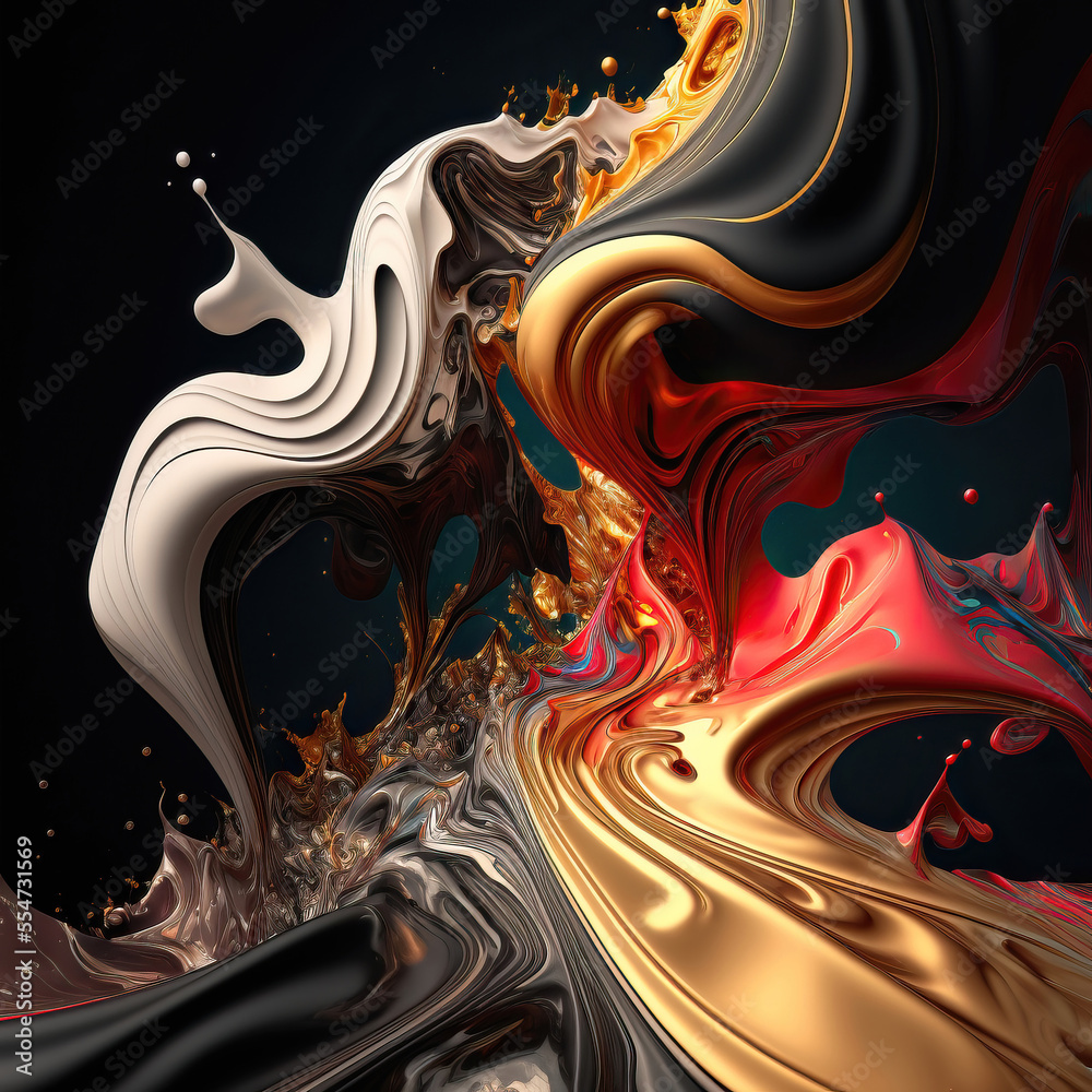 surreal abstract art of gloss black, white and gold paint flows and ...