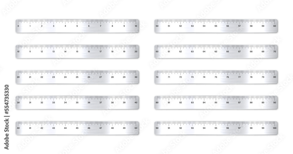 Realistic various brushed metal rulers with measurement scale and ...