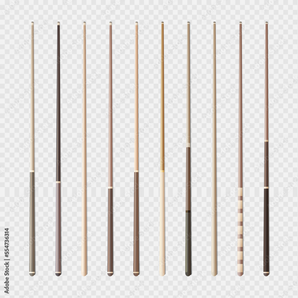 Vector set of wooden billiard cues. Realistic Snooker sports equipment ...