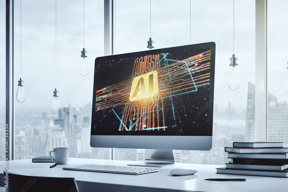 Modern computer monitor with creative artificial Intelligence icon ...