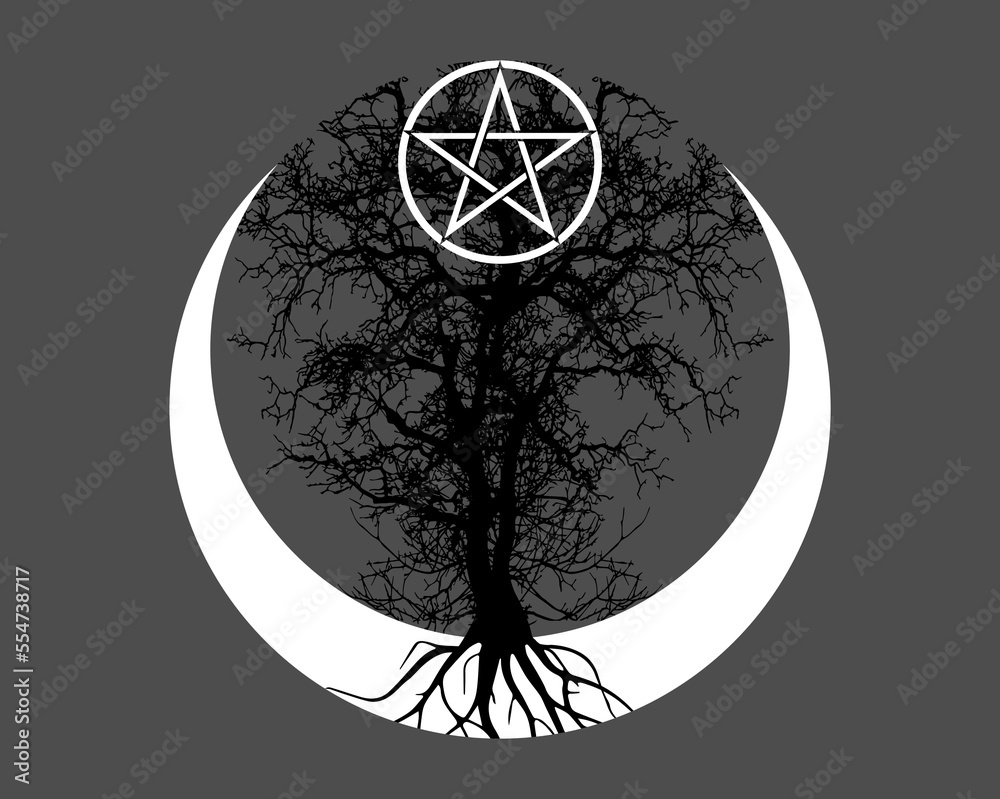Mystical Moon, tree of life and Wicca pentacle. Sacred geometry. Logo ...