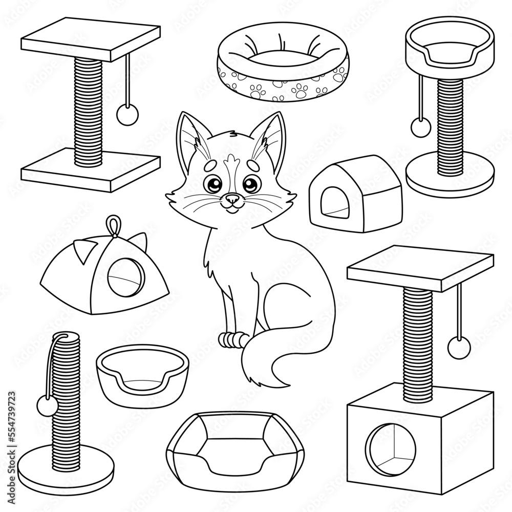 Set of outline kitten and scratching posts, cat beds, cat houses. Goods ...