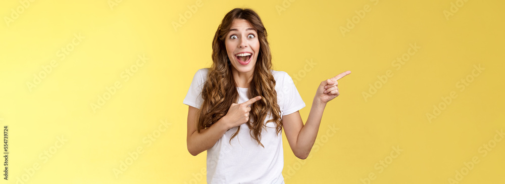 Happy sincere cheerful young surprised woman see celebrity lose speech ...