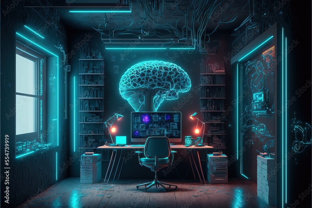 Dark neon cyber room, office data processing and database control ...