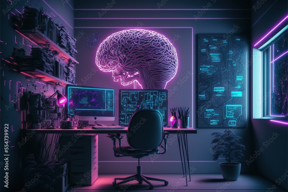 Photo & Art Print Dark neon cyber room, office data processing and database control center ...