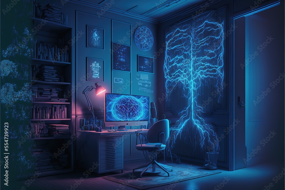 Dark neon cyber room, office data processing and database control ...
