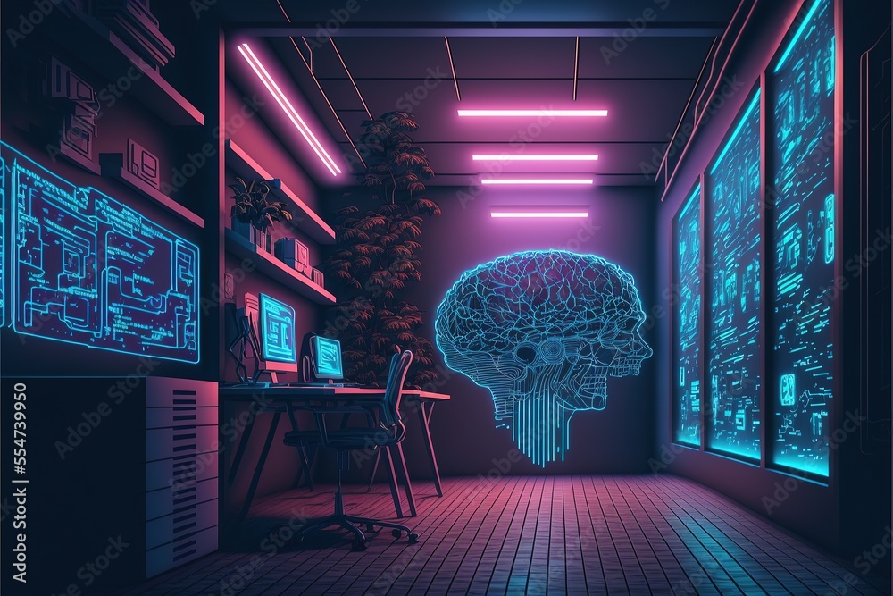 Dark neon cyber room, office data processing and database control ...