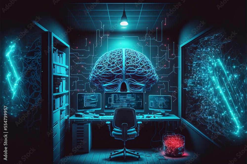 Dark neon cyber room, office data processing and database control center. Neon Interior Brain ...