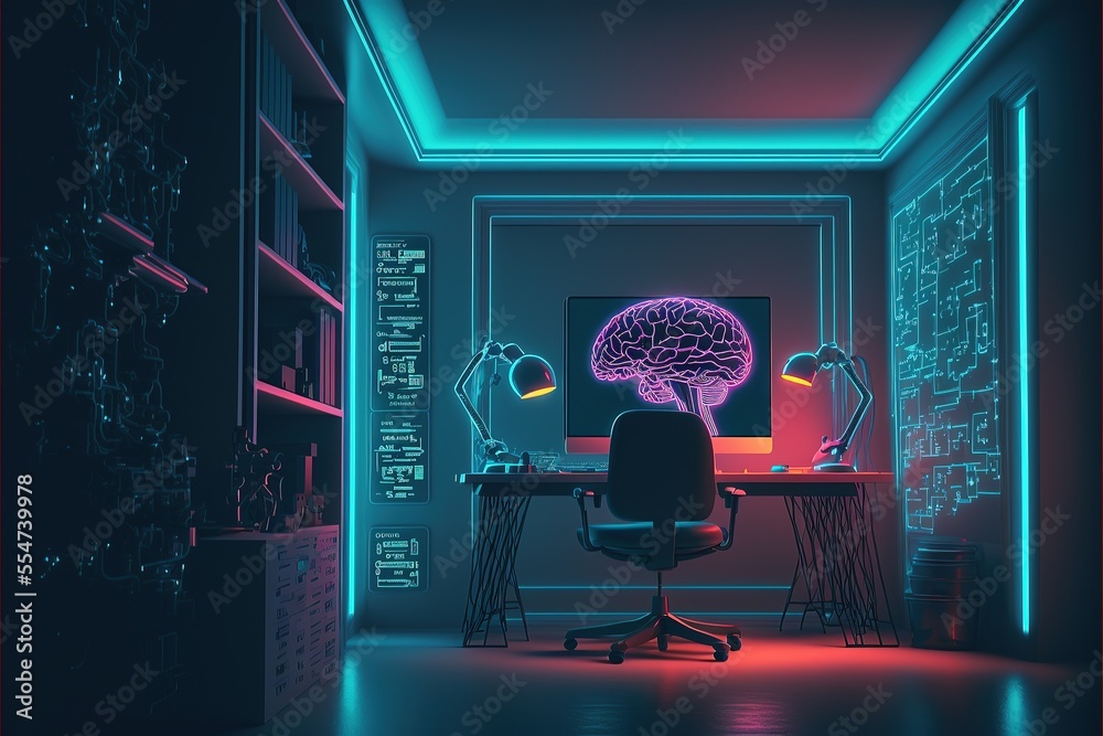 Dark neon cyber room, office data processing and database control ...