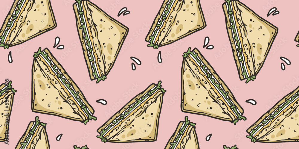 Seamless pattern with sandwiches with meat, cheese and vegetable for ...