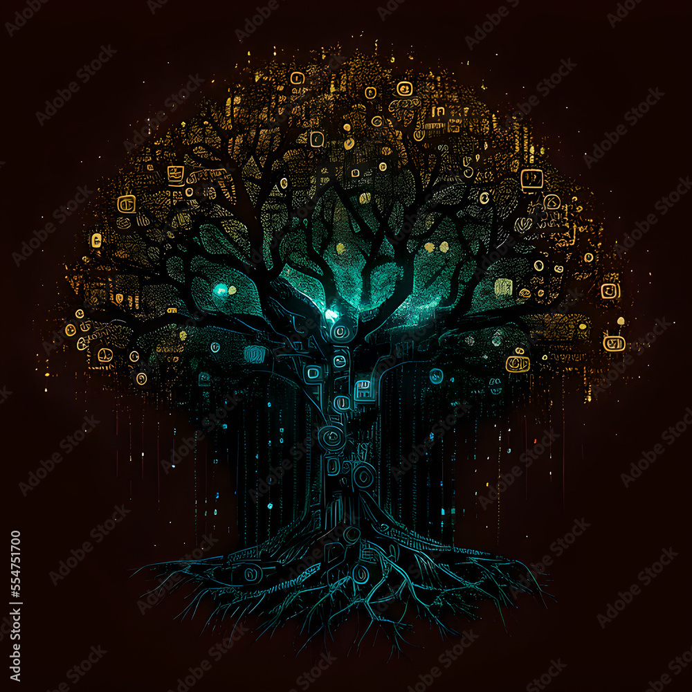 A digital tree logo with matrix-style symbols and digits depicting data ...