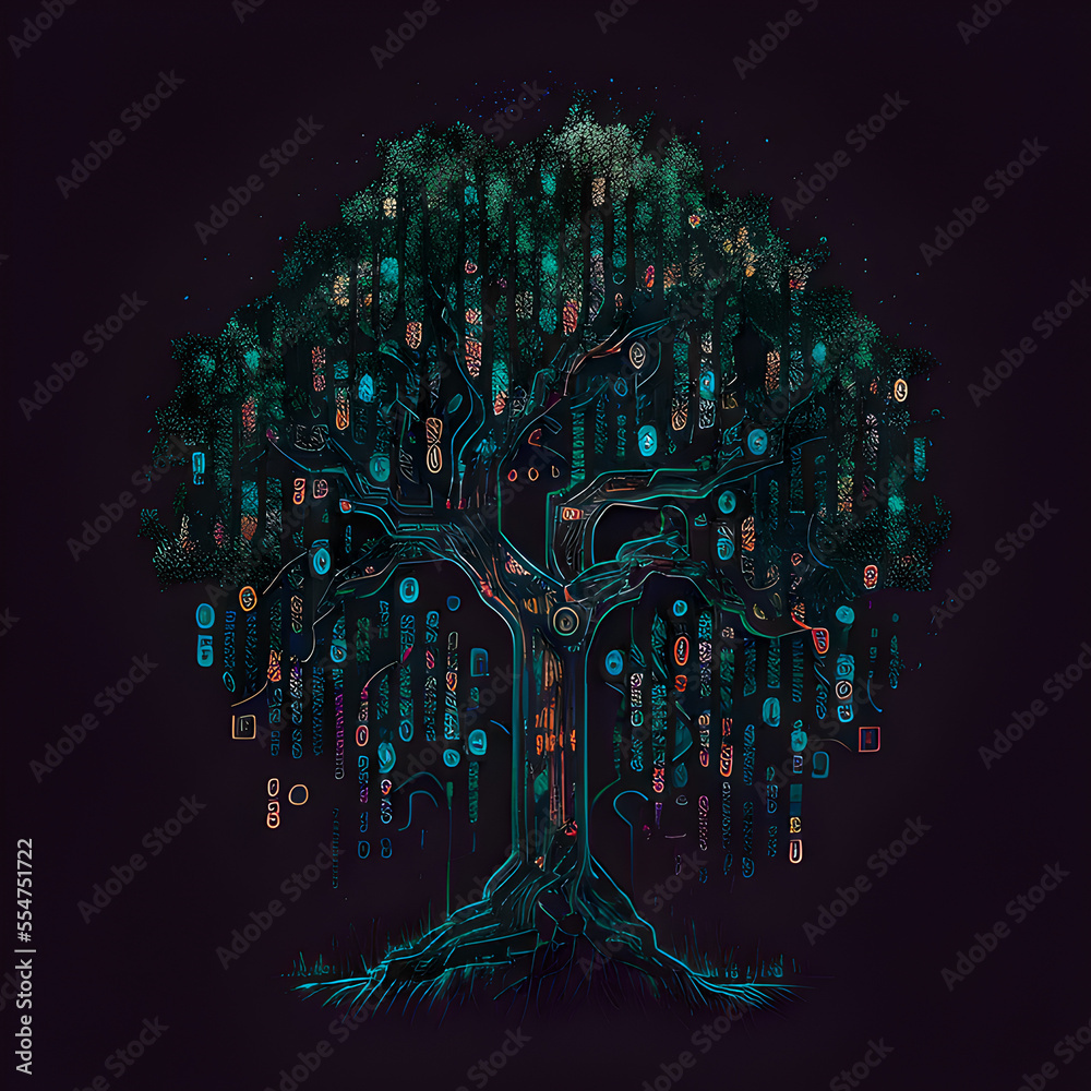 A digital tree logo with matrix-style symbols and digits depicting data ...