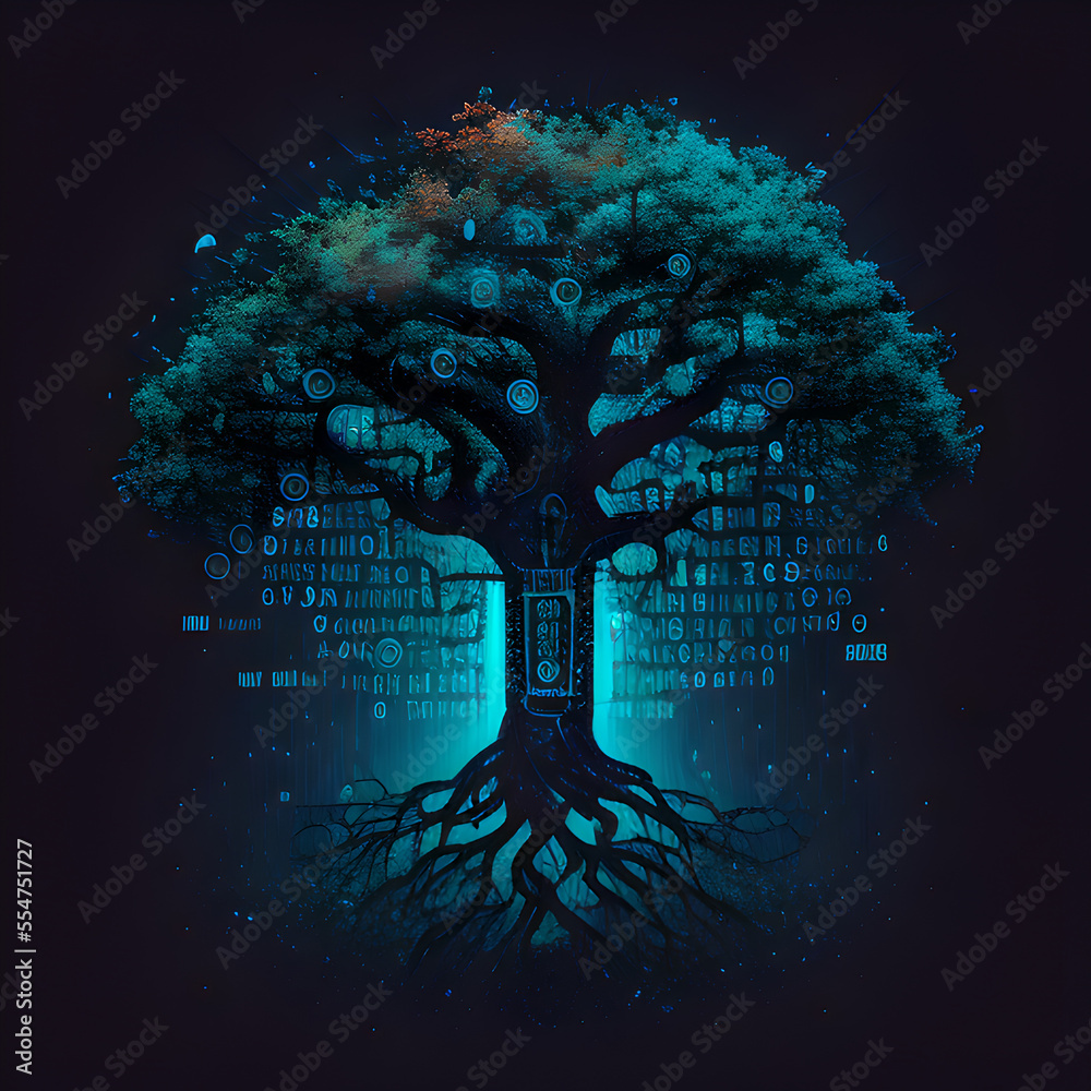 A digital tree logo with matrix-style symbols and digits depicting data ...