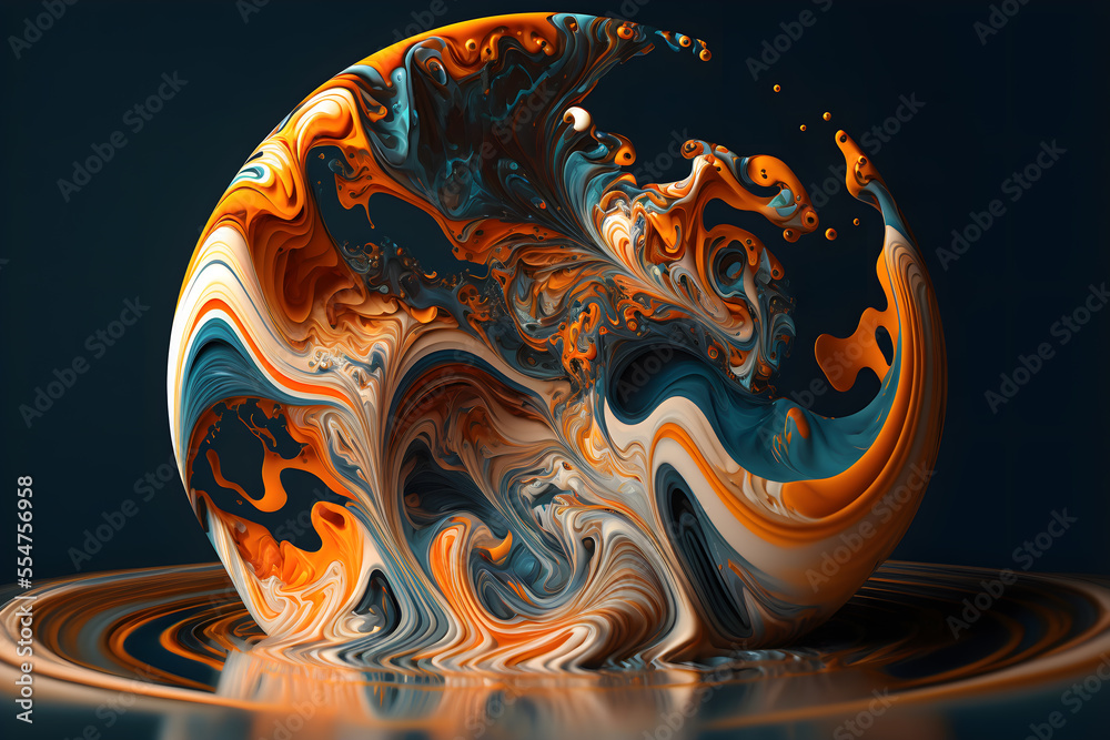 Spherical flow of colorful paint showing an abstract shape. 3D render ...
