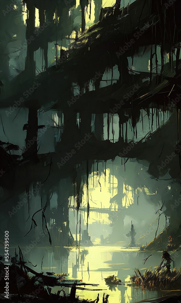 Swamp sci-fi fantasy illustration conceptual dystopian style scene ...