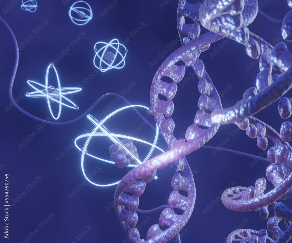 Atomic radiation on DNA strands. atoms and DNA helix 3d rendering Stock ...