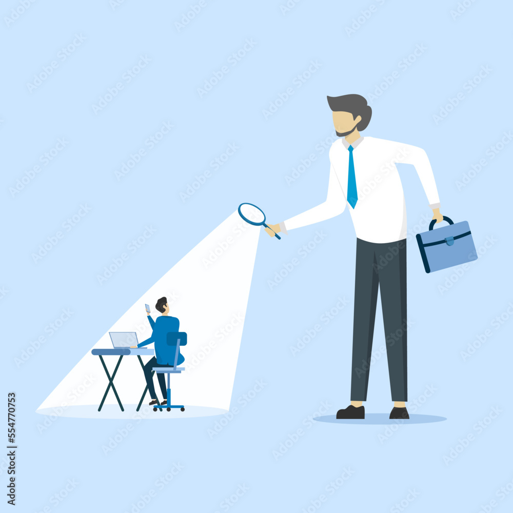 micro manager boss using magnifying glass keeps eye on employees work ...