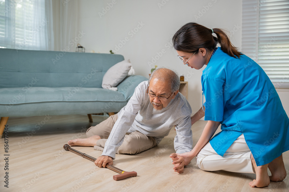 Disabled elderly old man patient with walking stick fall on floor and ...