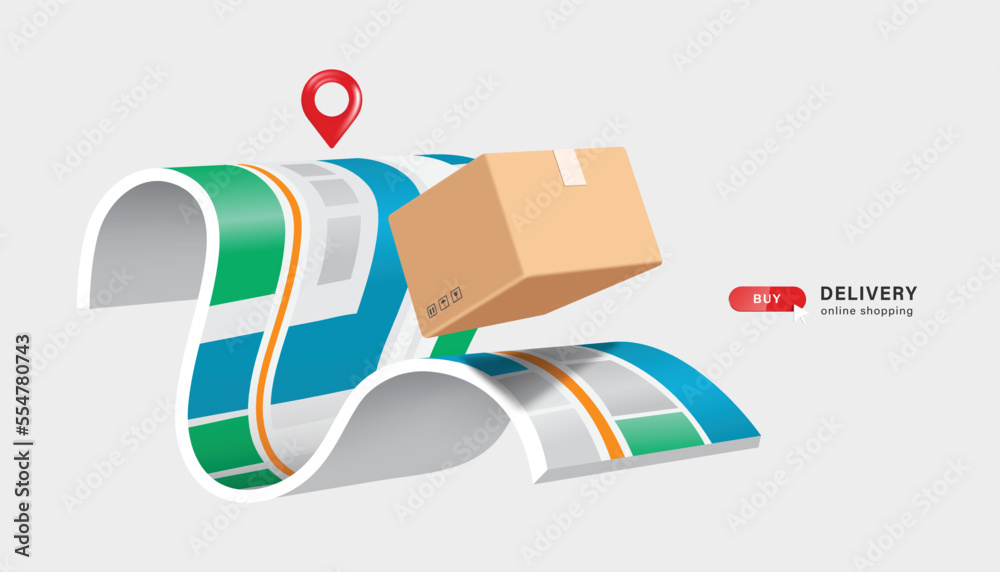 Parcel box or carton floats on map paper and has red pin located where ...