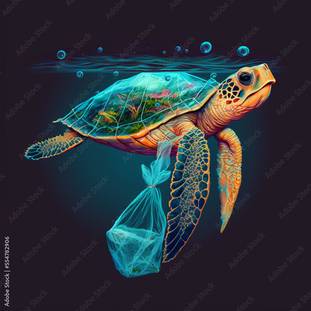 AI-Generated Illustration of magical Turtle with a plastic bag stuck ...