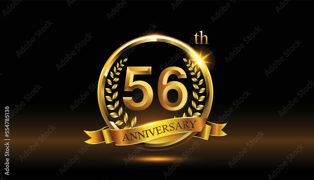 56th anniversary logo with golden ring, confetti and Gold ribbon ...