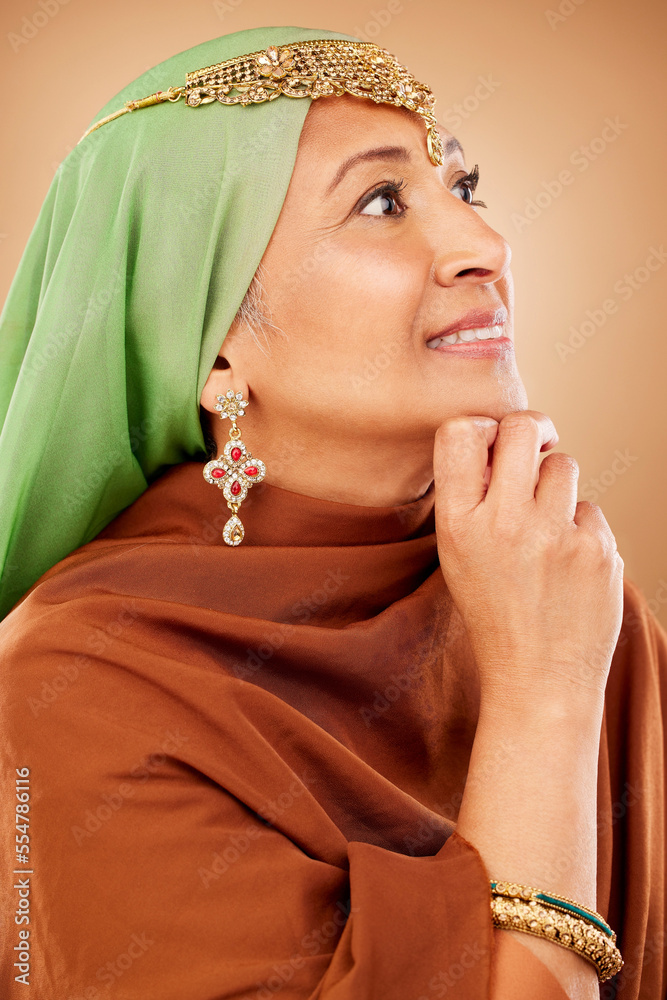 Muslim, woman and oriental fashion on studio background with luxury ...