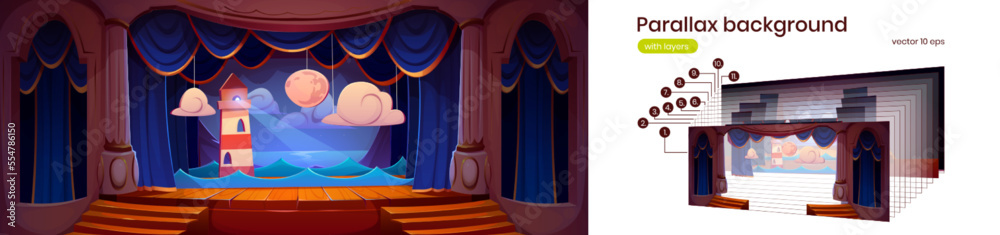 Empty theater stage with night seascape decoration, parallax background ...