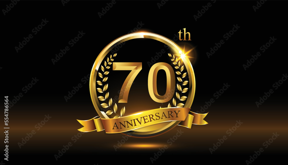 70th anniversary logo with golden ring, confetti and Gold ribbon ...