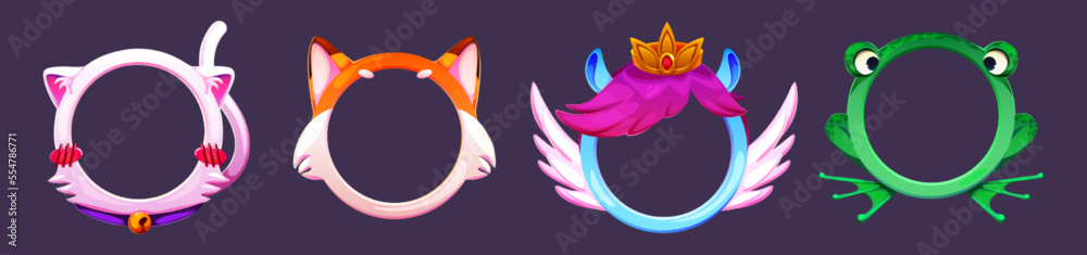 Round game avatars with animal characters design. Set of cute colorful ...