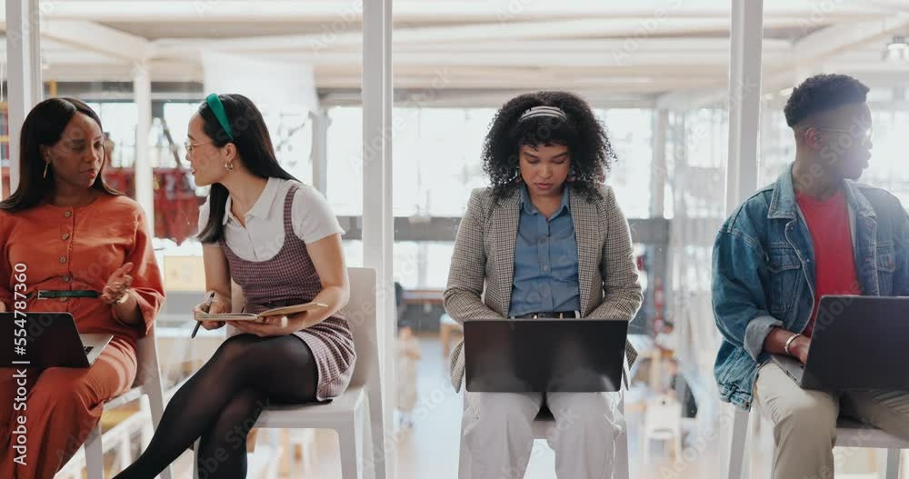 Laptop, coworking space and human resources with a man and woman ...