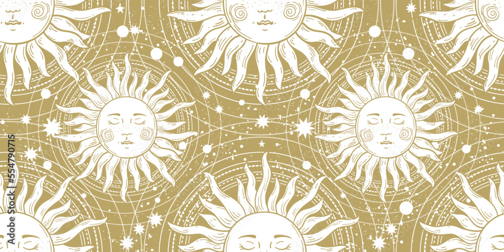 White sun with a face on a golden background, a seamless magical ...