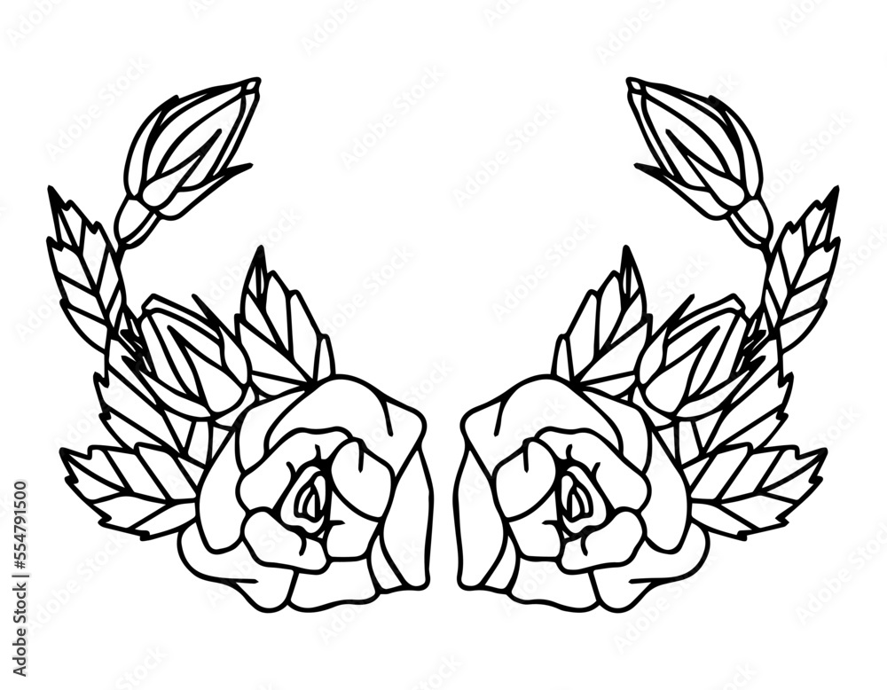 One line drawing. Frame of garden rose with stem and leaves. Hand drawn ...