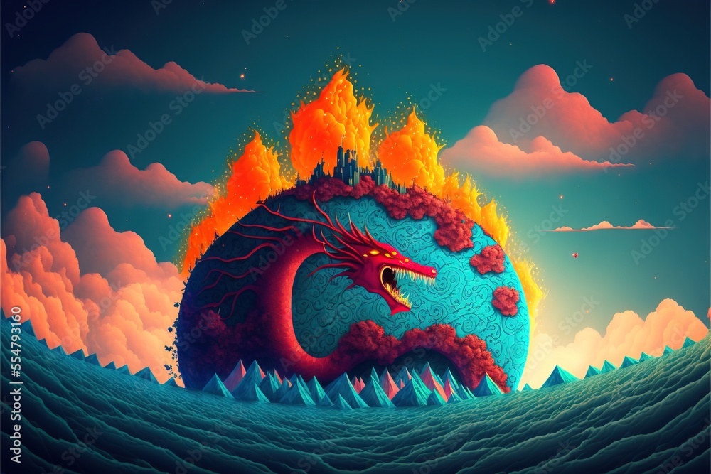 Fantasy world with fierce giant guardian dragon horse towering over the ...