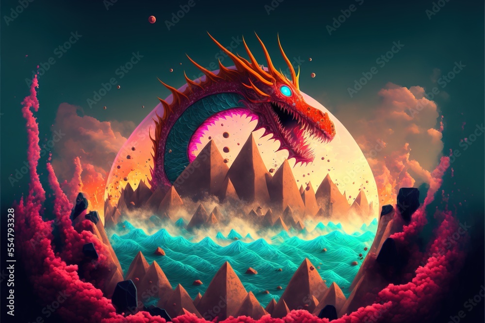 Fantasy world with fierce giant guardian dragon horse towering over the ...