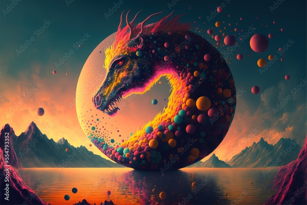 Fantasy world with fierce giant guardian dragon horse towering over the ...