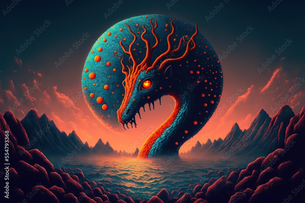 Fantasy world with fierce giant guardian dragon horse towering over the ...