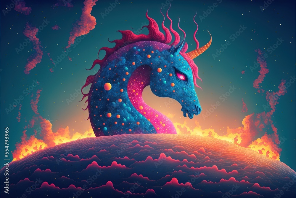 Fantasy world with fierce giant guardian dragon horse towering over the ...