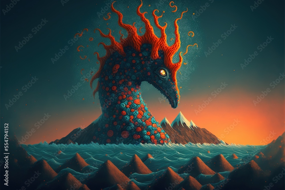 Fantasy world with fierce giant guardian dragon horse towering over the ...