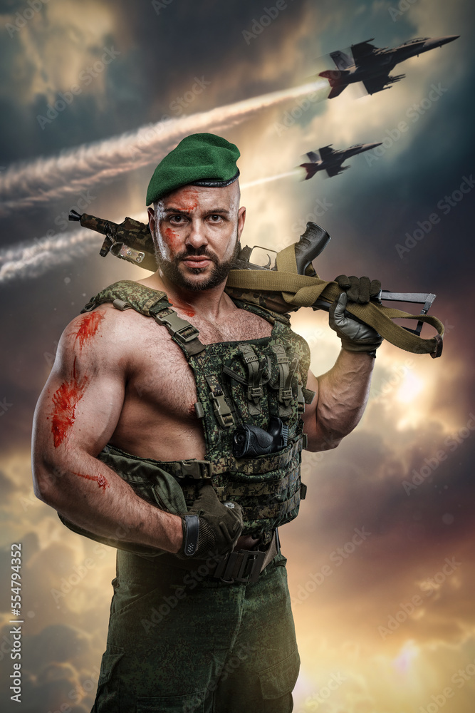 Art of military man with muscular build and rifle in sky with military ...