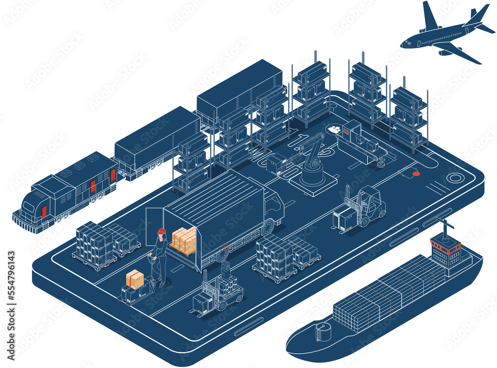 3D isometric Smart logistics concept with Delivery Robot, Warehouse ...