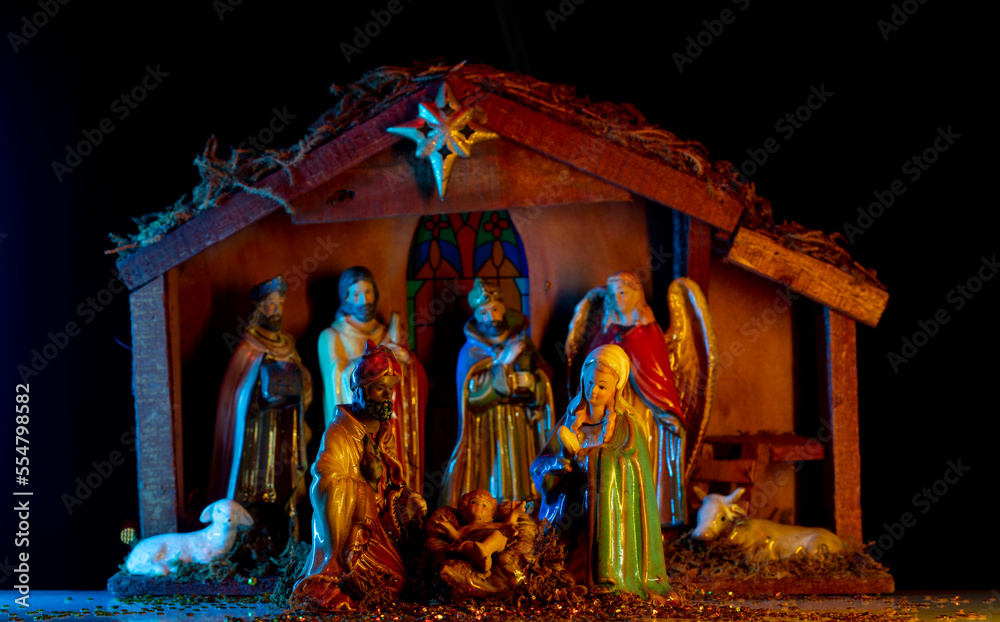 Jesus in manger. Christmas scene. Religious Christmas scene of baby ...