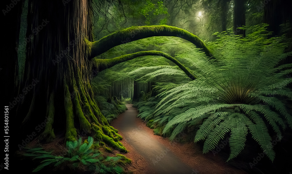Mystical mossy forest with amazing plants. Path through Forest. Panoramic natural scenery for ...