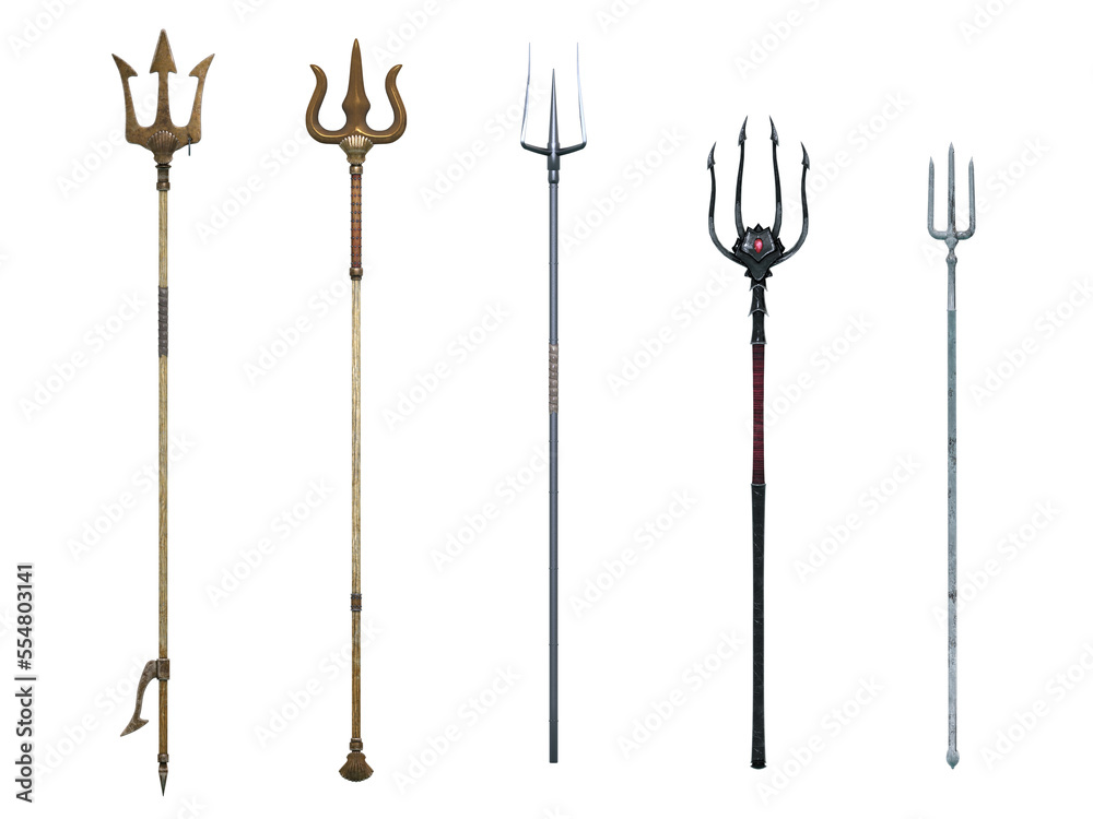 3D Render : various type of trident weapon mockup for graphic resource ...