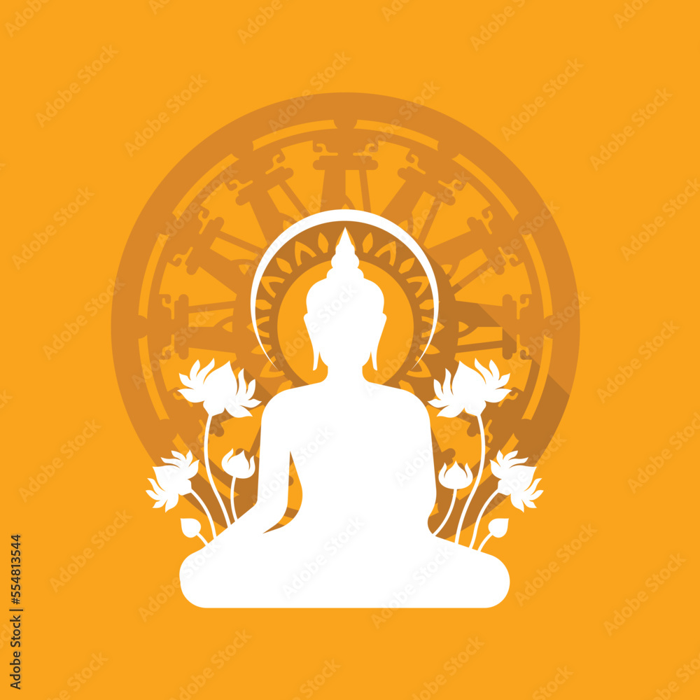 Modern White Buddha meditated sign and lotus flower around on ...