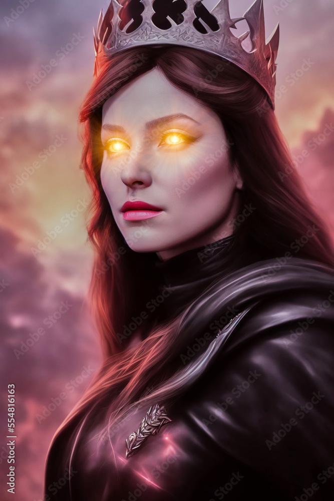 Serious-looking fictional queen with a crown and black leather clothing ...