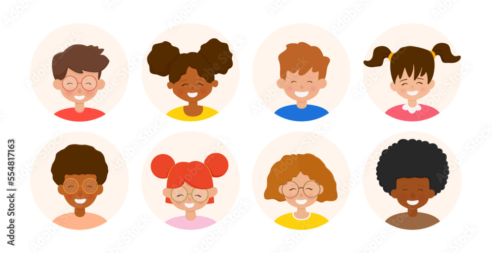 Collection of round children faces. Multiracial group of smiling boys ...