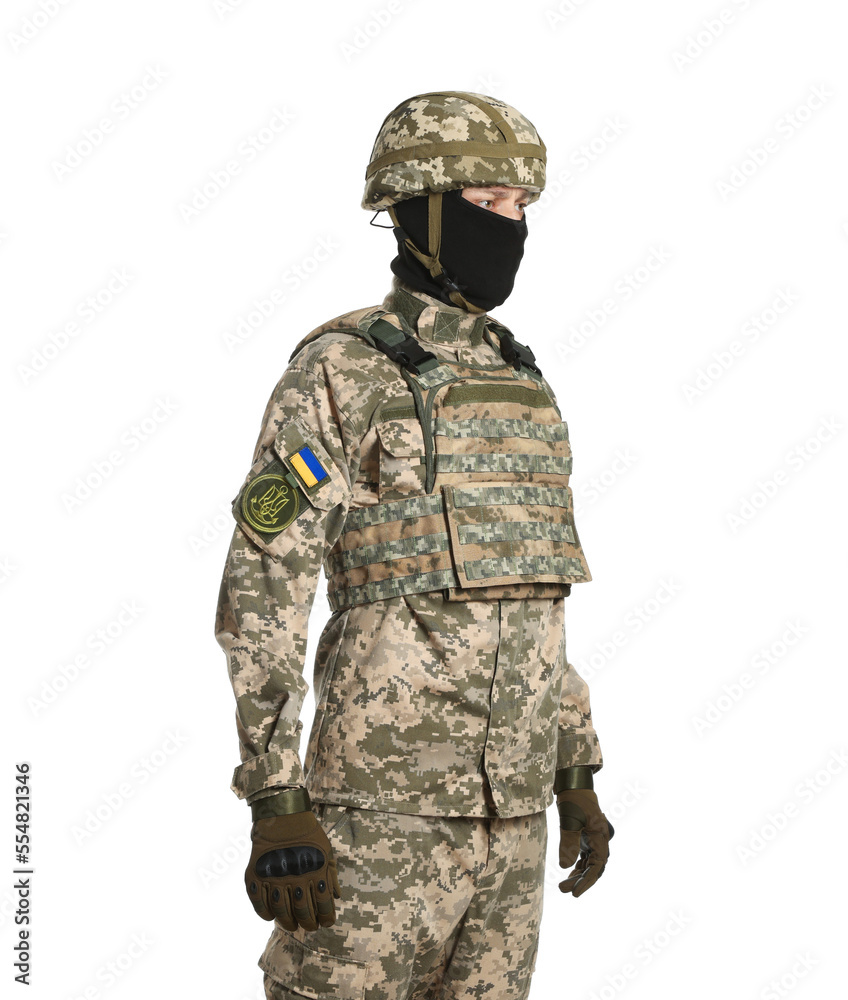 Ukrainian soldier in military uniform, helmet and balaclava on white ...