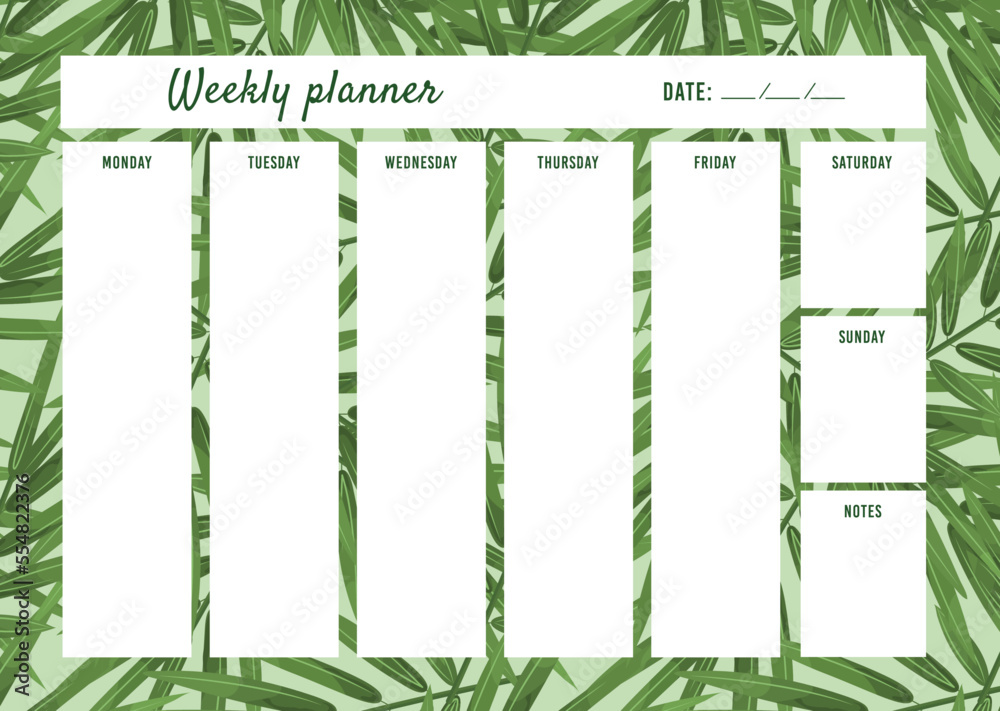 Horizontal personal weekly planner tropical leaves template. Page A4 ...