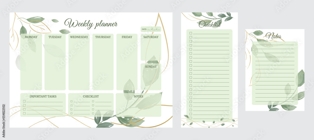 Set of horizontal personal weekly planner, notes, checklist template ...