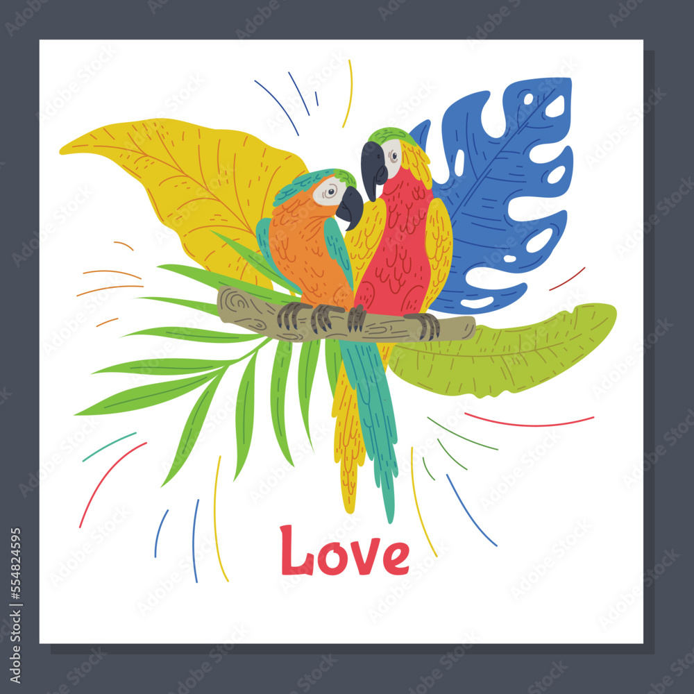 Vetor de Love card or banner design with pair of parrots vector ...